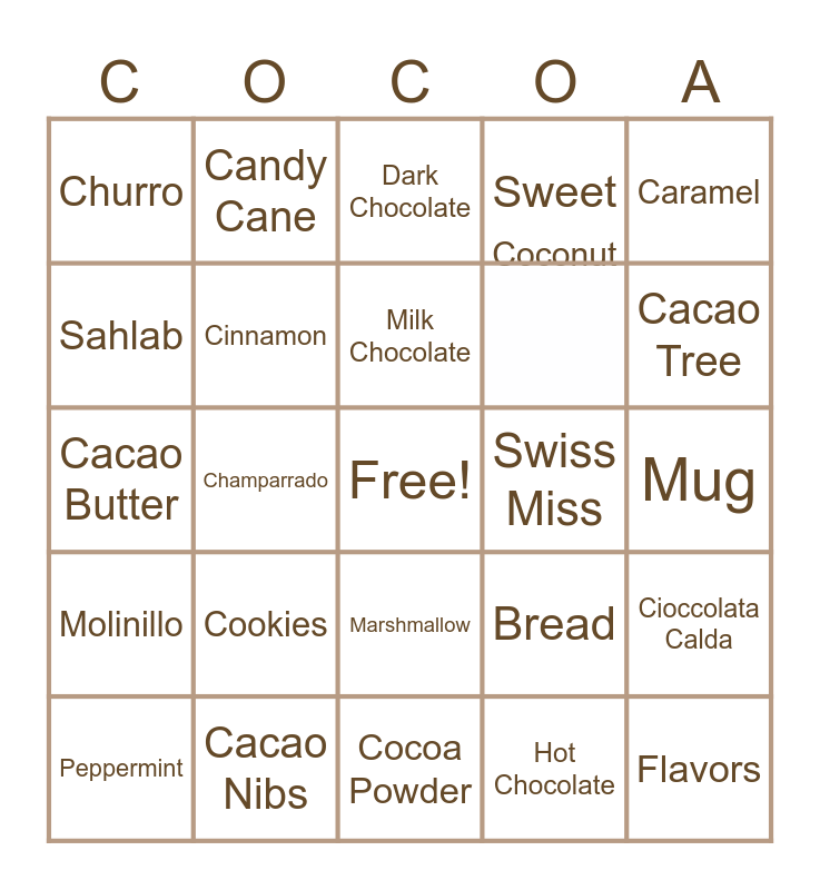 Hot Chocolate Bingo Card