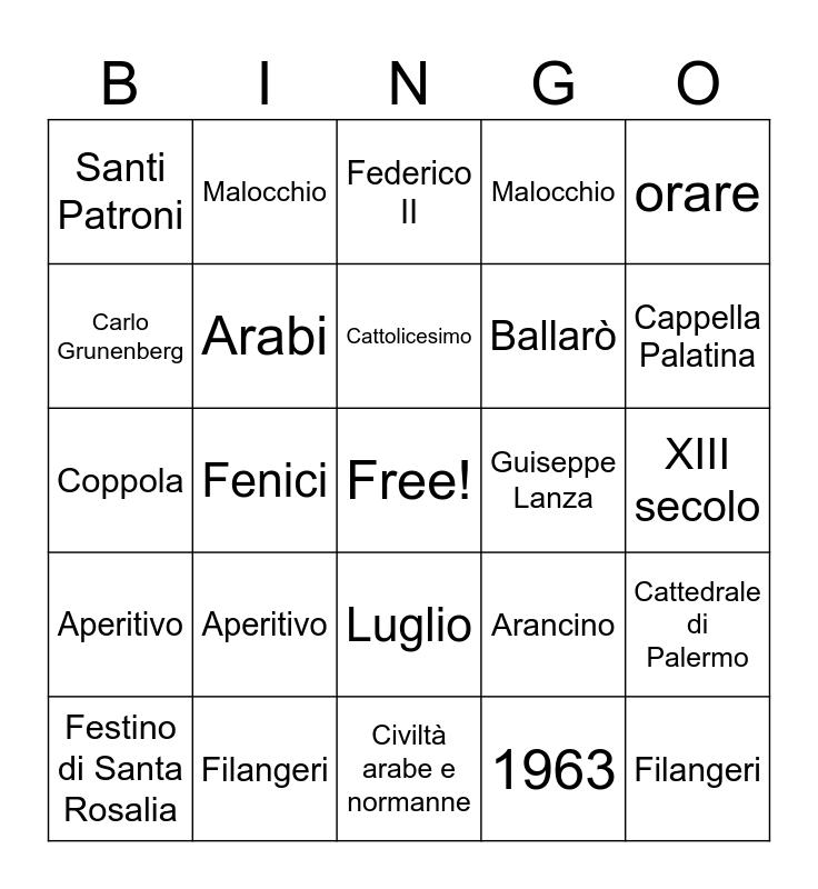 Italian Bingo Card