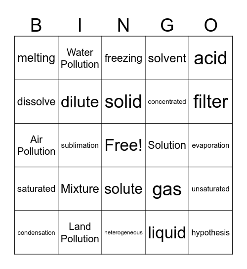 Mixtures and Solutions Bingo Card