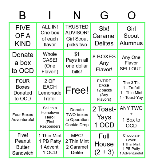 Girl Scout Cookie Booth Bingo Card