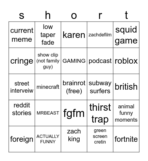 U TUBBEH JACK IS SHORT Bingo Card