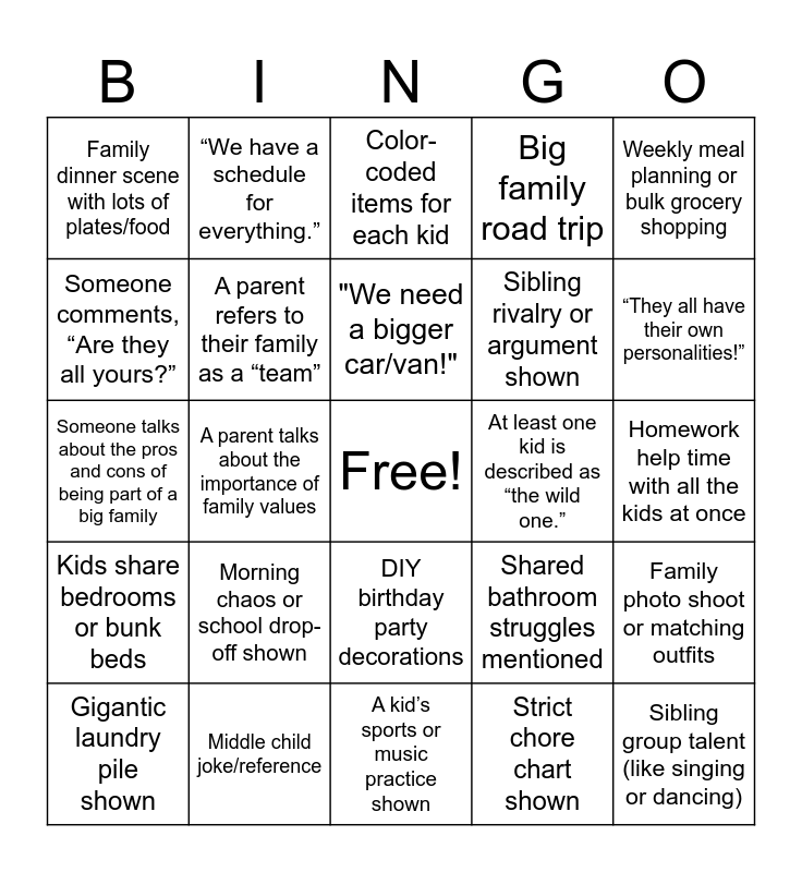 too many children Bingo Card