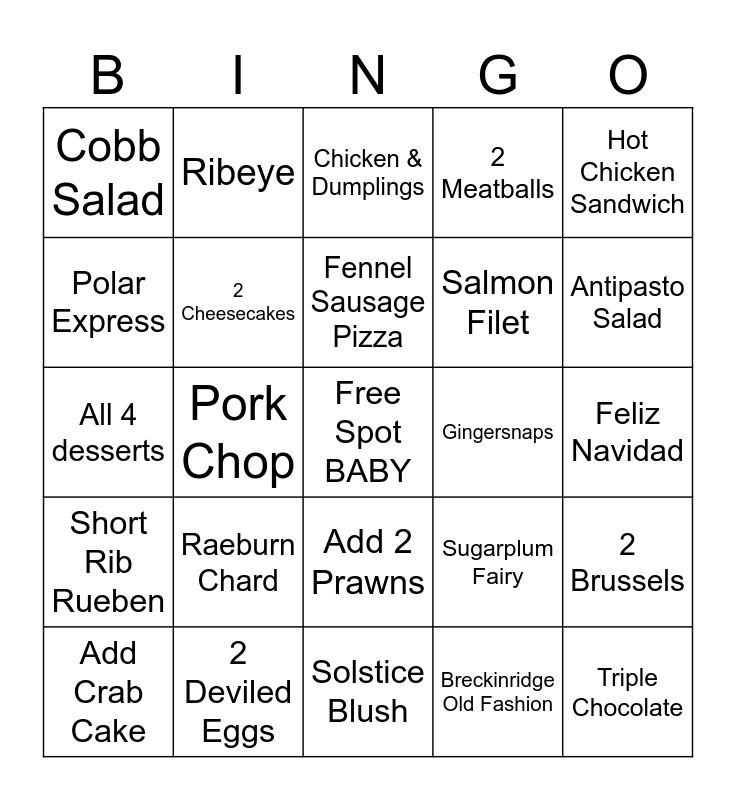 Hammond Dinner Bingo Card