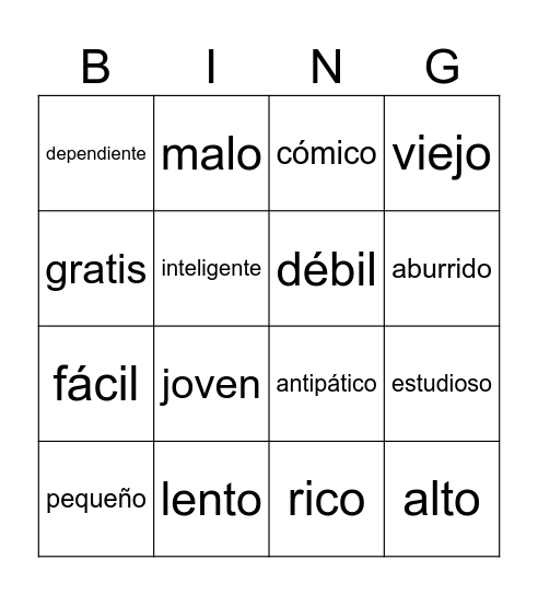 Los Opuestos Bingo Card