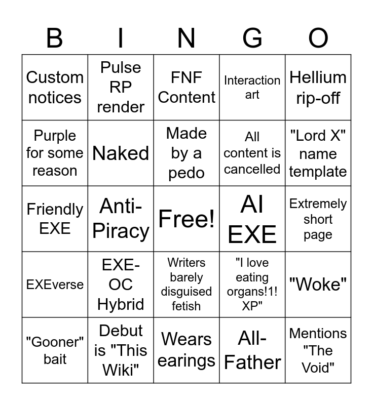 EXE Bingo Card