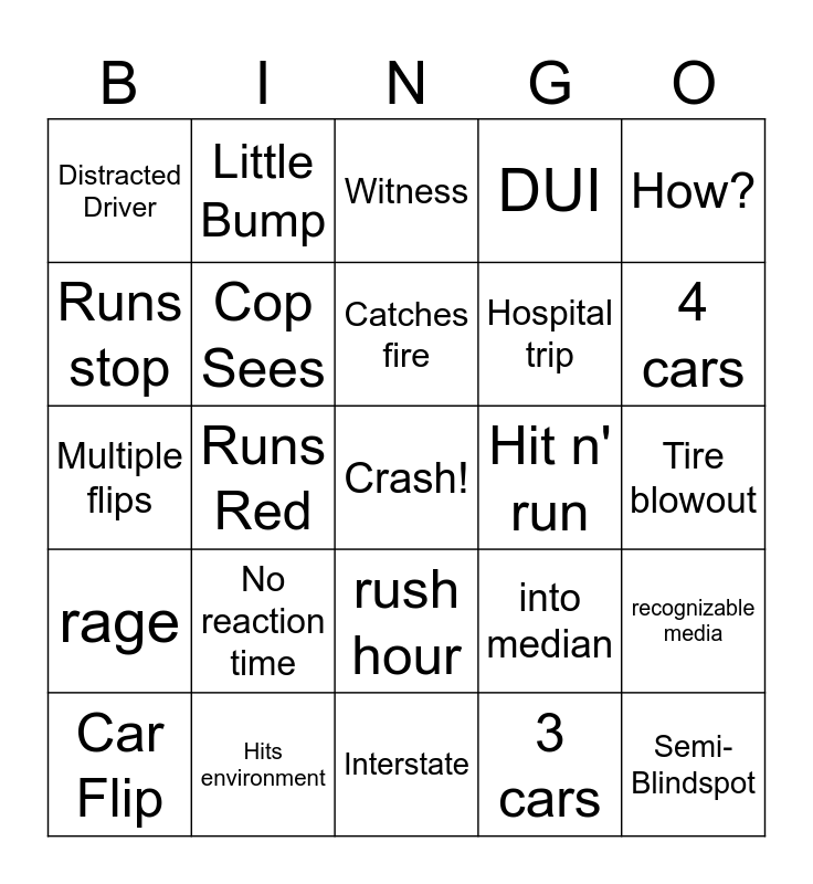 Car Crash Bingo Card