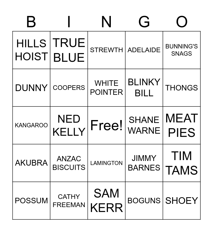 AUSSIE BINGO Card
