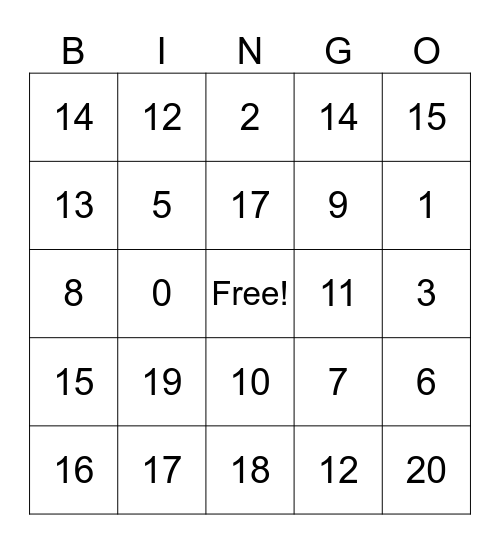 Subtraction Facts (20) Bingo Card