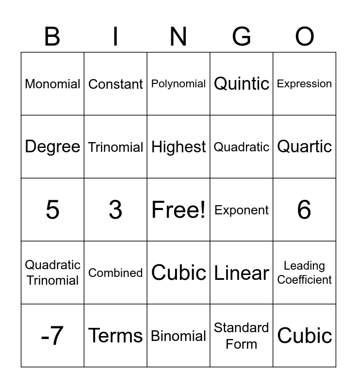 Classifying Polynomials Bingo Card