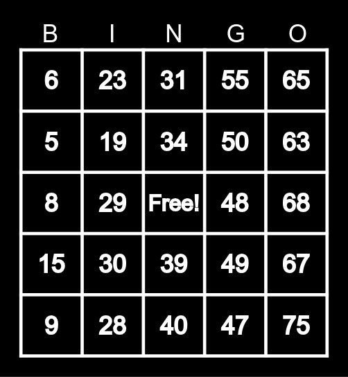 Number Bingo 1-75 Bingo Card