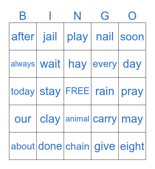 Long A Vowel Pairs Bingo Card