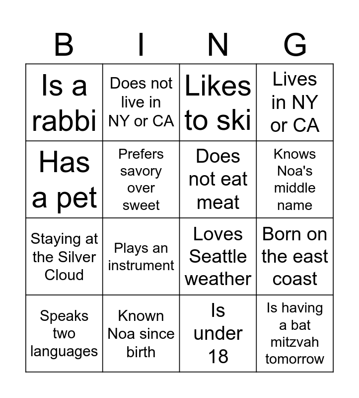 Noa's Bat Mitzvah Bingo Card