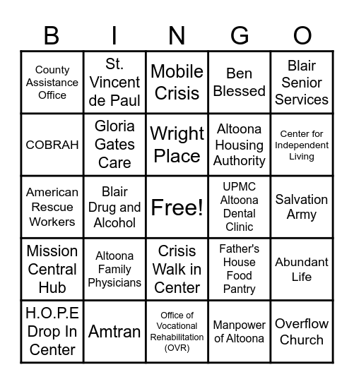 Community Resource Bingo Card