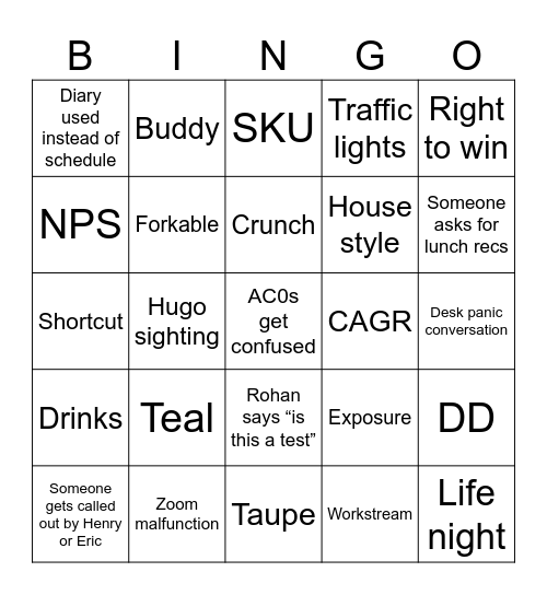 Training Bingo Card