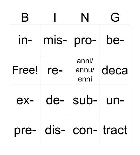 Prefix Bingo Card