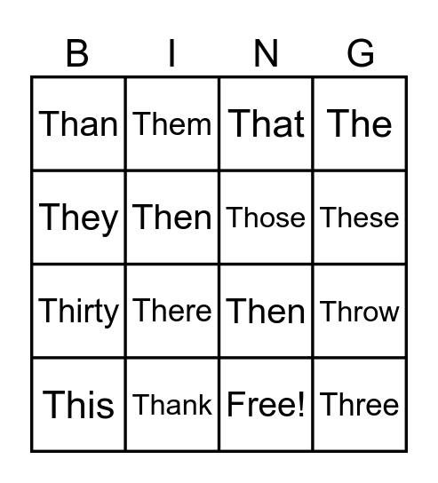 Th Words Bingo Card