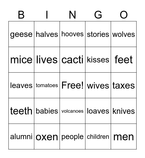 Irregular Nouns Bingo Card