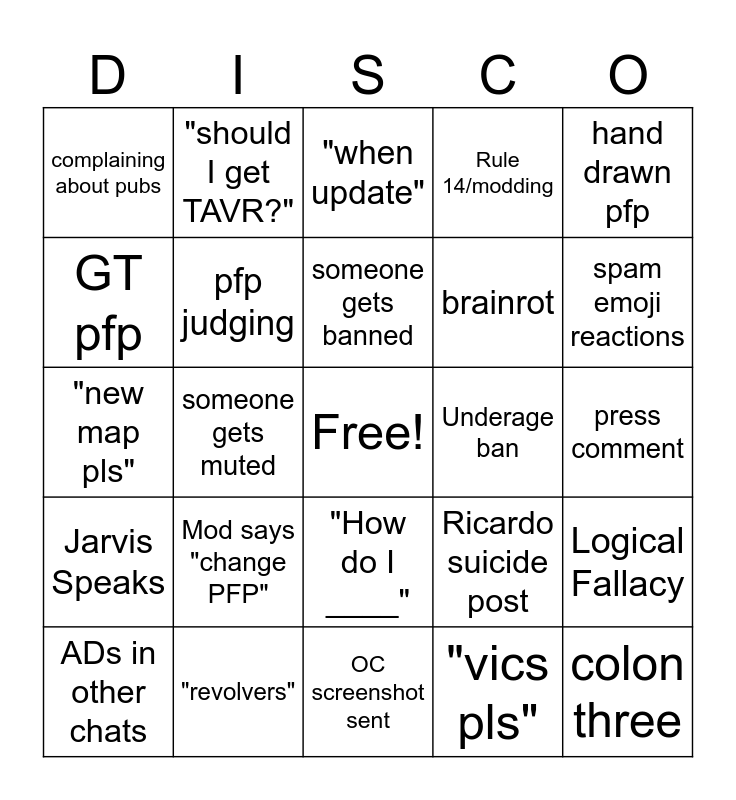 TAVR Discord Bingo Card