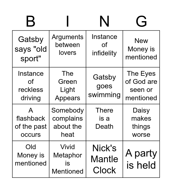 Great Gatsby Bingo Card