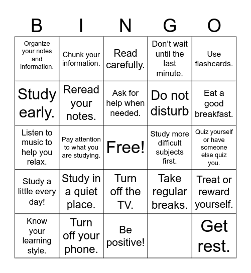 Study Skills Bingo Card