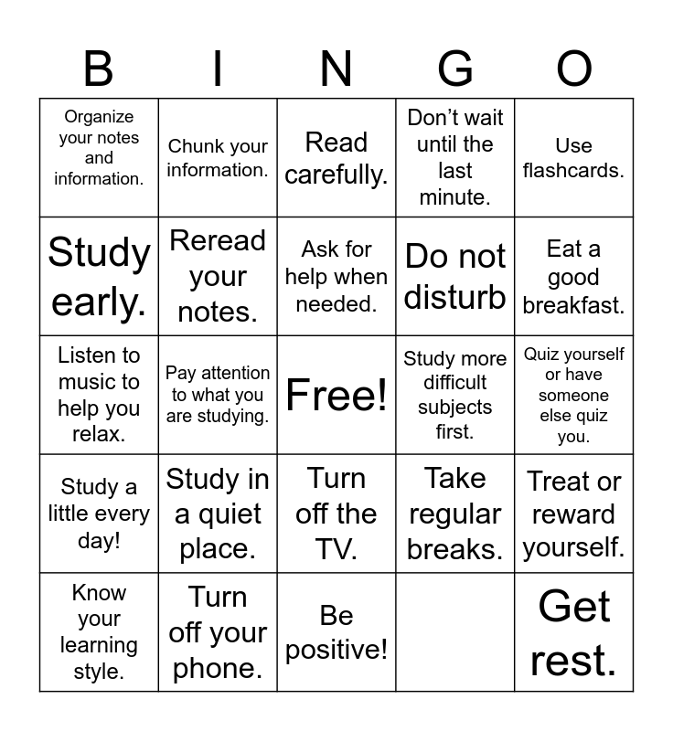 Study Skills Bingo Card