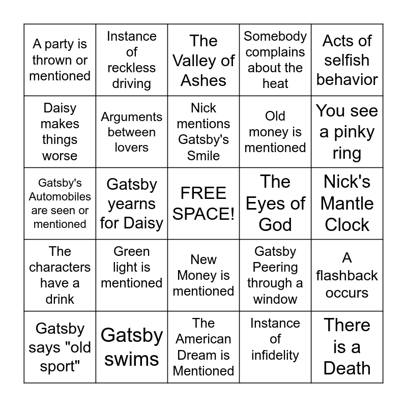 Great Gatsby Bingo Card