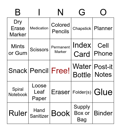 Backpack BINGO Card