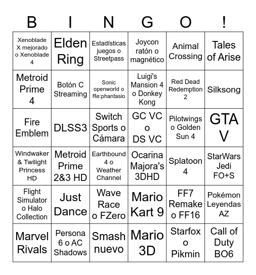 Nintendo Switch 2 Bingo Card
