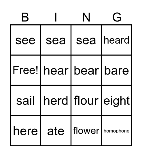 Homophone Bingo Card