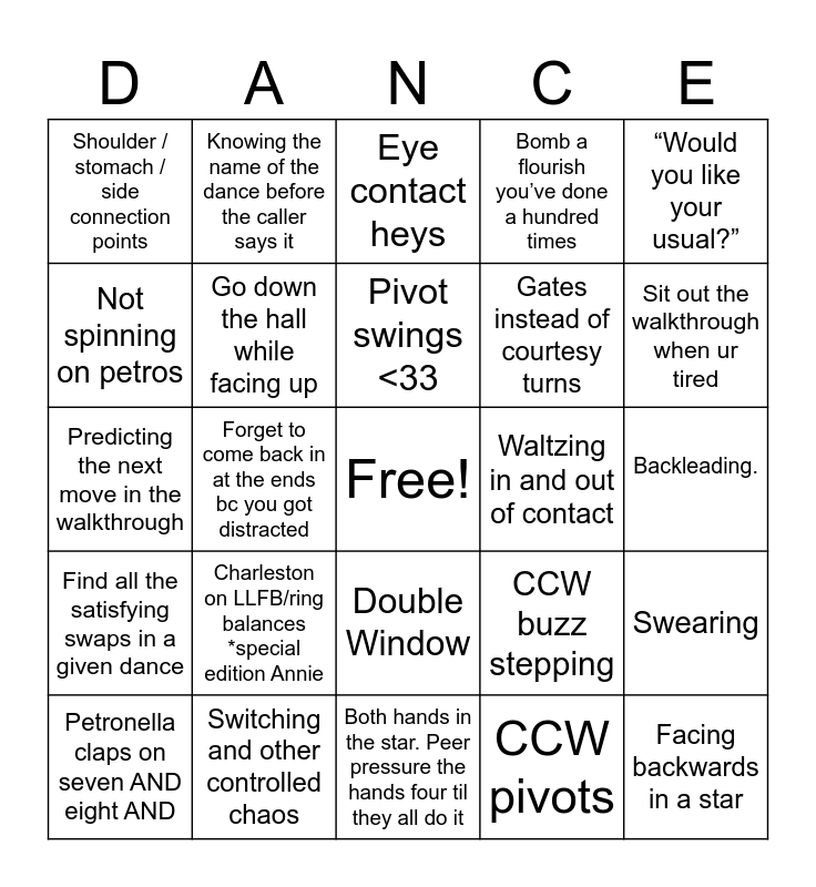 DANCE Bingo Card