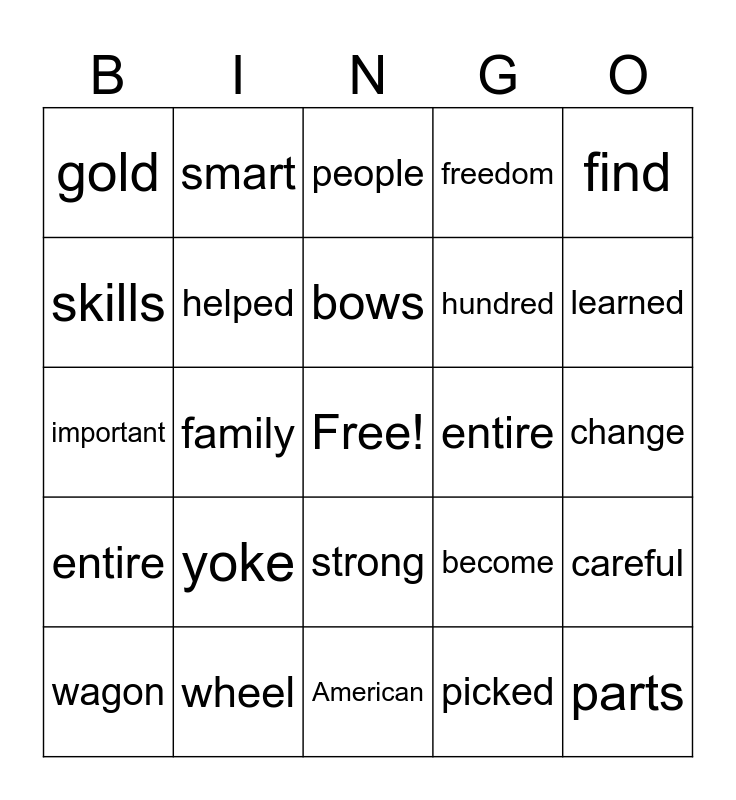 WAGONS AND YOKES Bingo Card