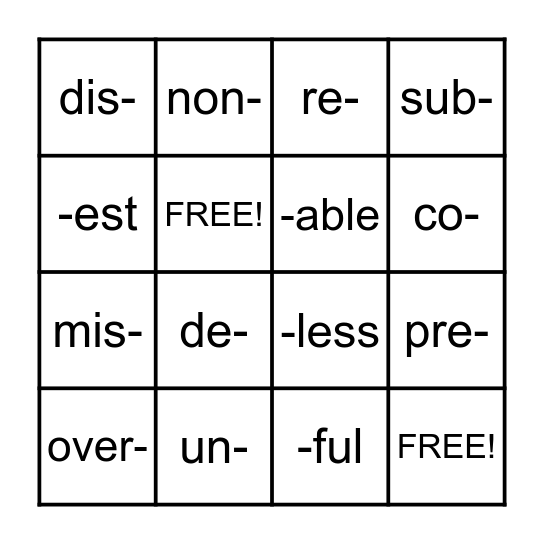 Prefix & Suffix Bingo! Bingo Card