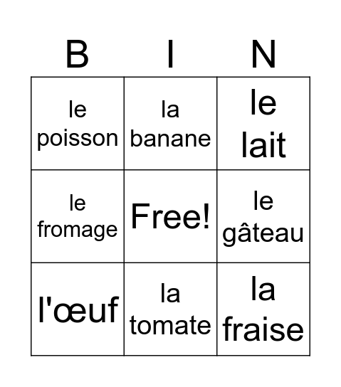 La nourriture Bingo Card