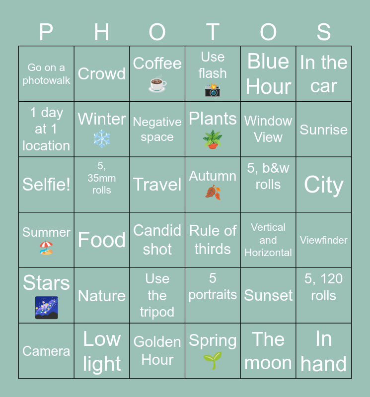 2025 Photography Bingo Card