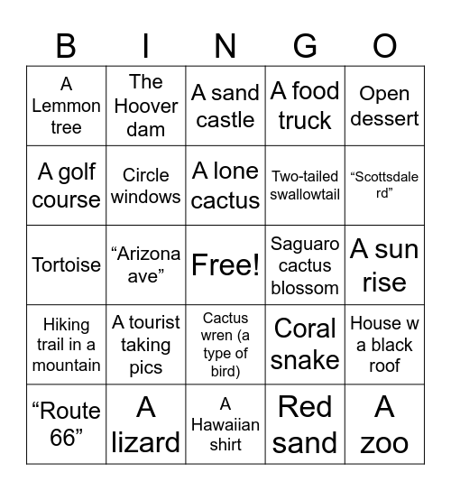 Find me in Arizona Bingo Card