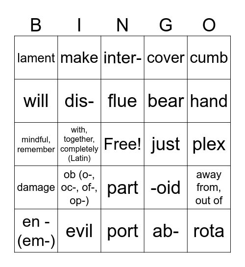 Lessons 1-12 Morpheme Bingo Card