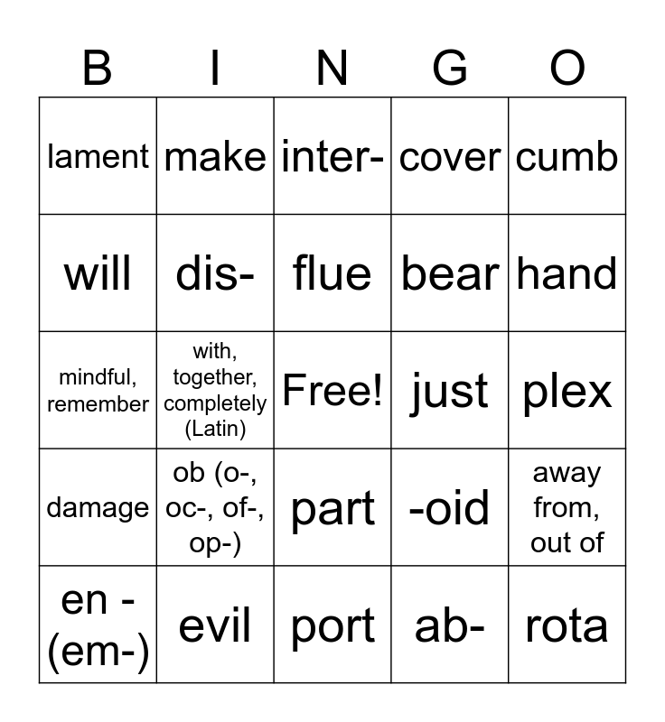 Lessons 1-12 Morpheme Bingo Card
