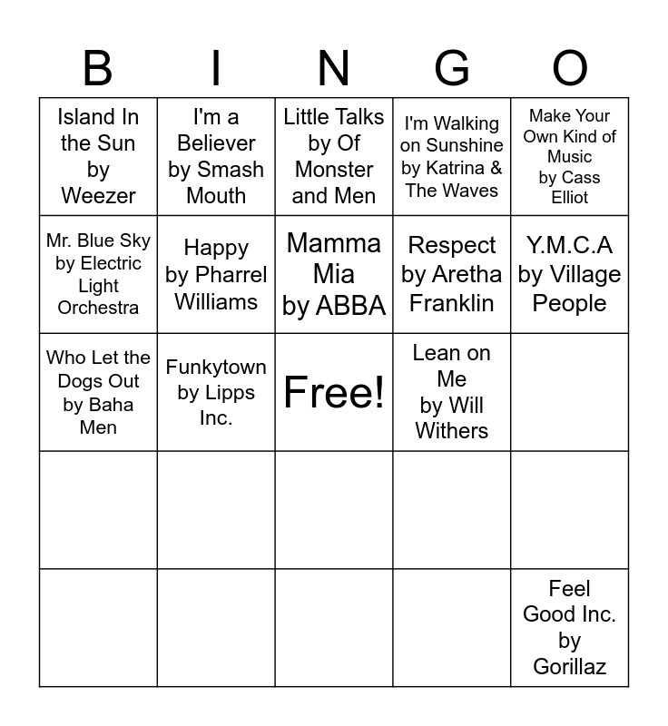 Musical Bingo Card