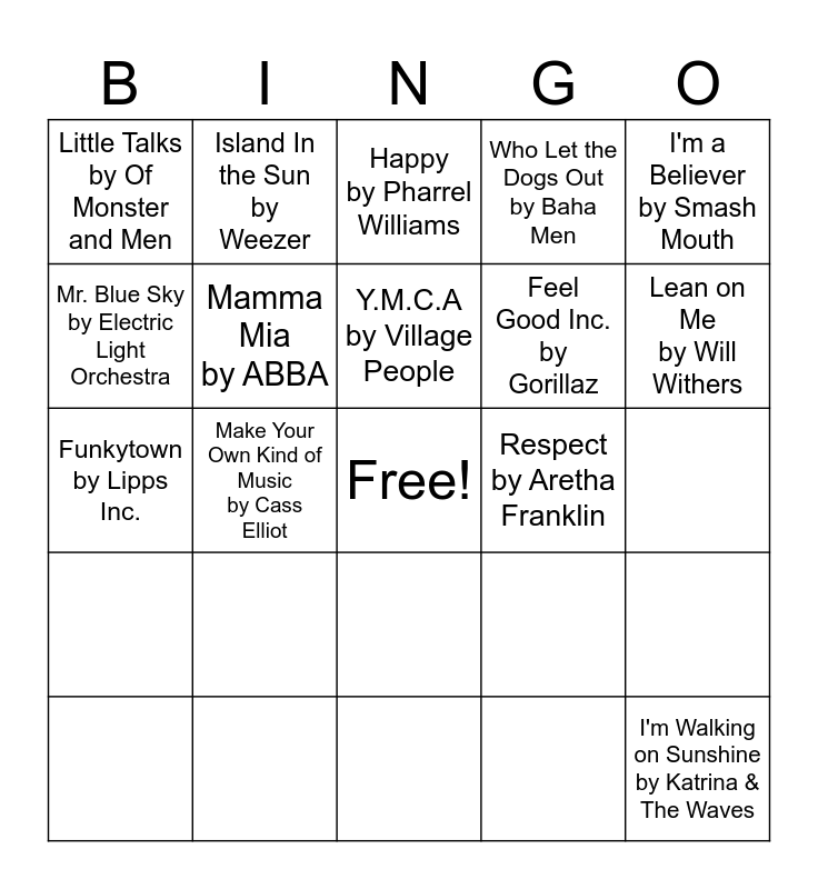 Musical Bingo Card