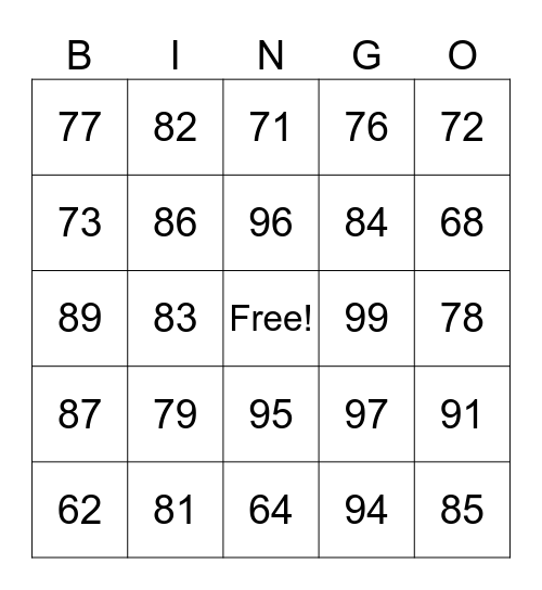 BINGO 60 - 99 Bingo Card
