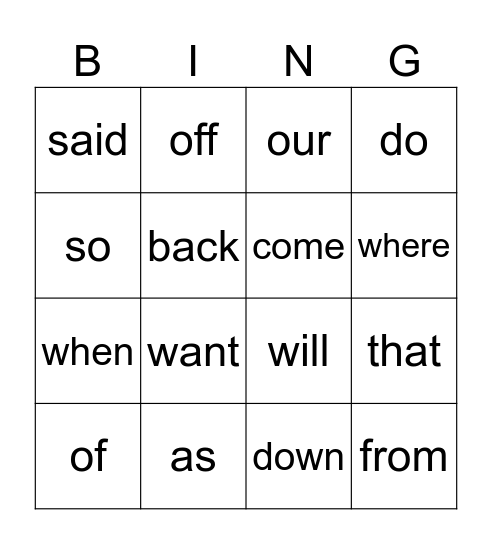 Sight Word Bingo Card