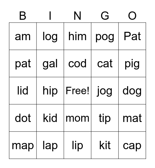 CVC words Bingo Card