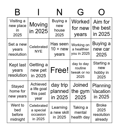 New Year 2025 Bingo Card