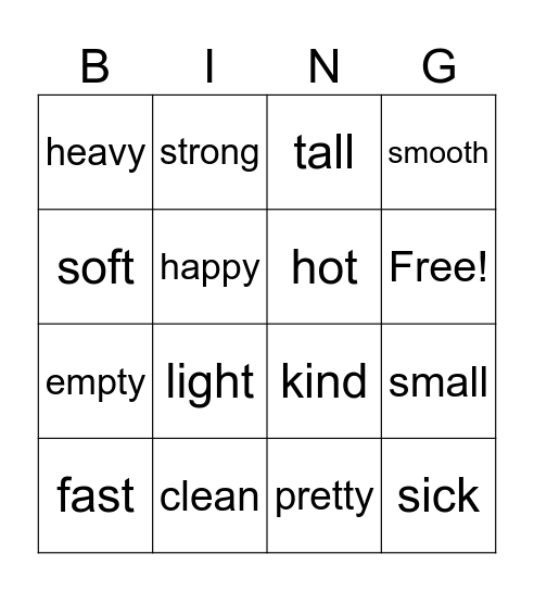 Adjectives Bingo Card
