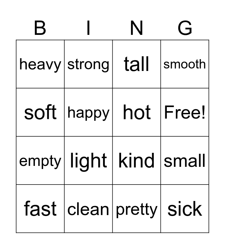 Adjectives Bingo Card