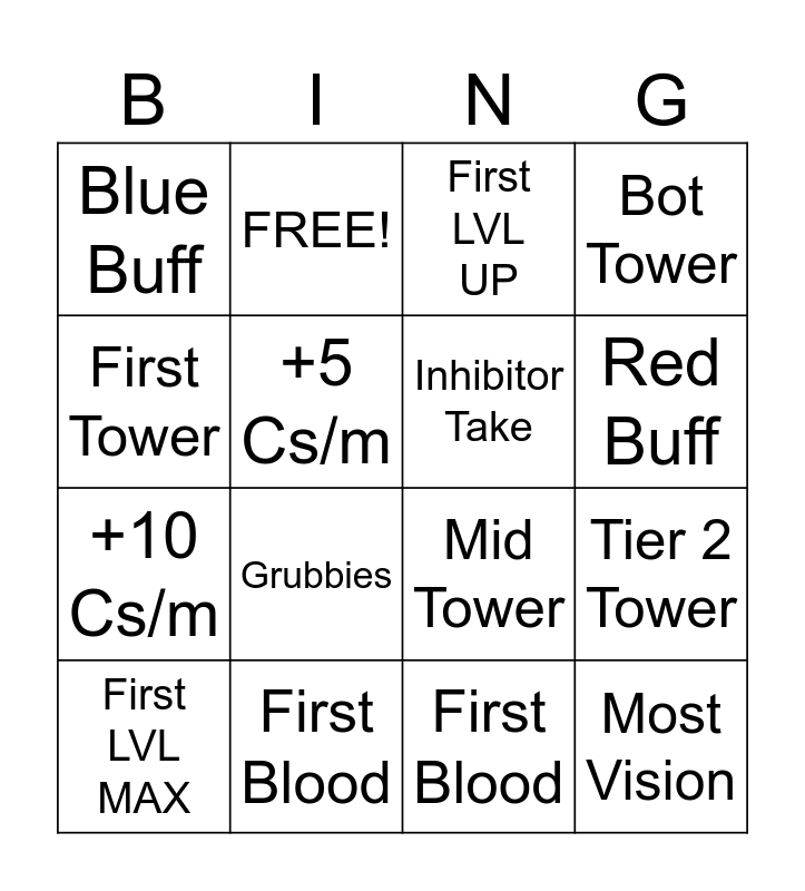 League of Legends 1vs1 SR Bingo Card