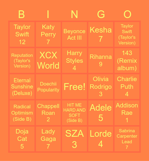 Music Bingo Card