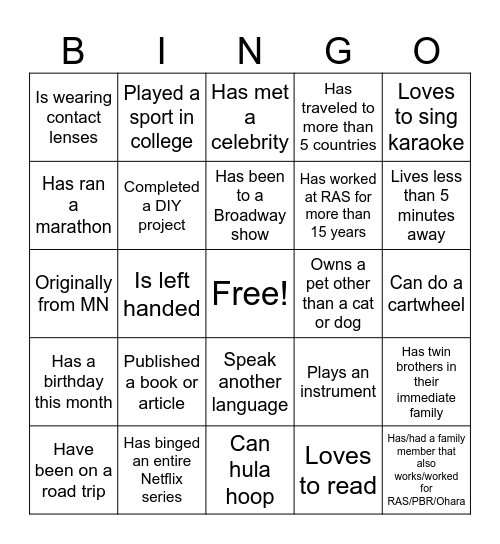 Welcome Back Bingo Card