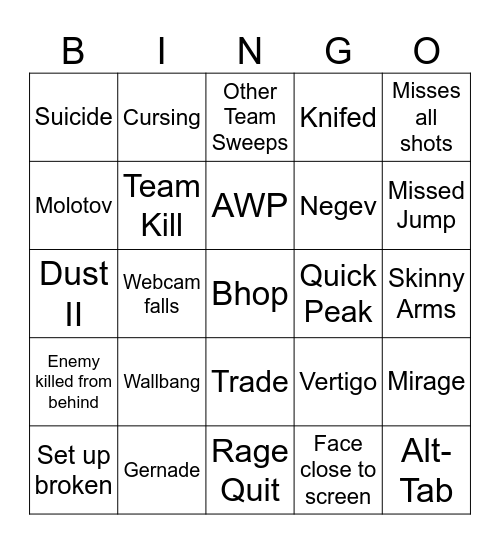Counter Strike Rage Bingo Card
