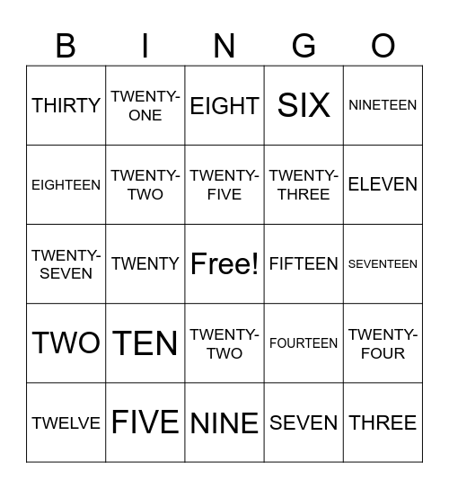 Word Numbers Bingo Card